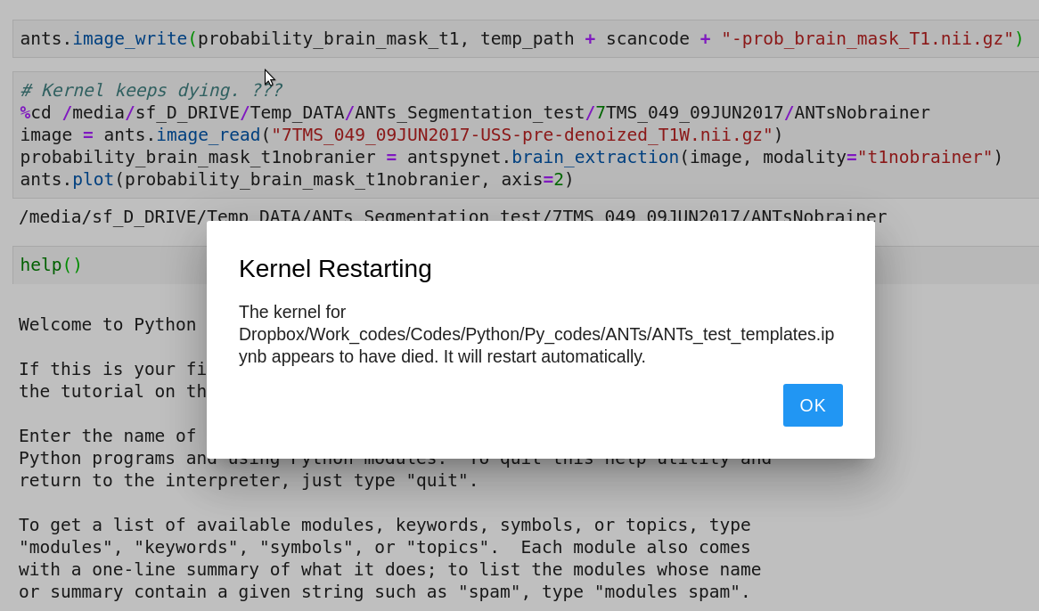 Jupyter kernel keeps dying in the middle of process. · Issue #229 · ANTsX/ANTsPy · GitHub