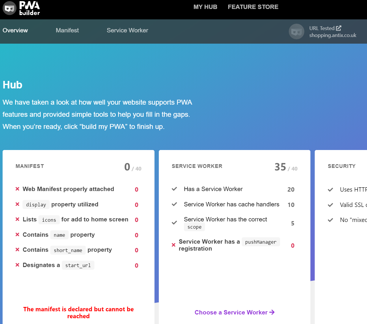 Manifest is declared but cannot be reached pwabuilder.com · Issue #751 · pwa-builder/PWABuilder ...