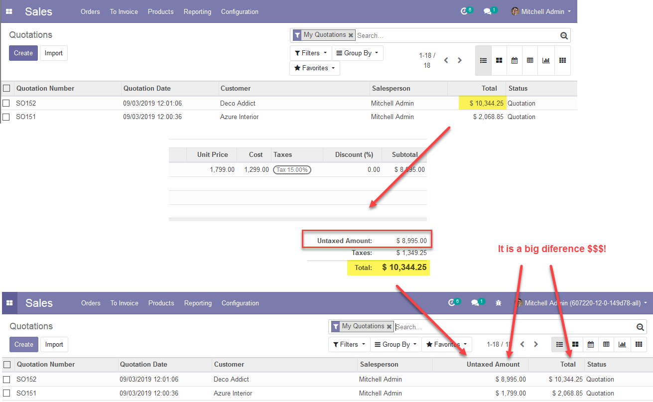 [11.0][12.0][13.0] Show untaxed amount in all the sale.order views (quotation and sale orders ...