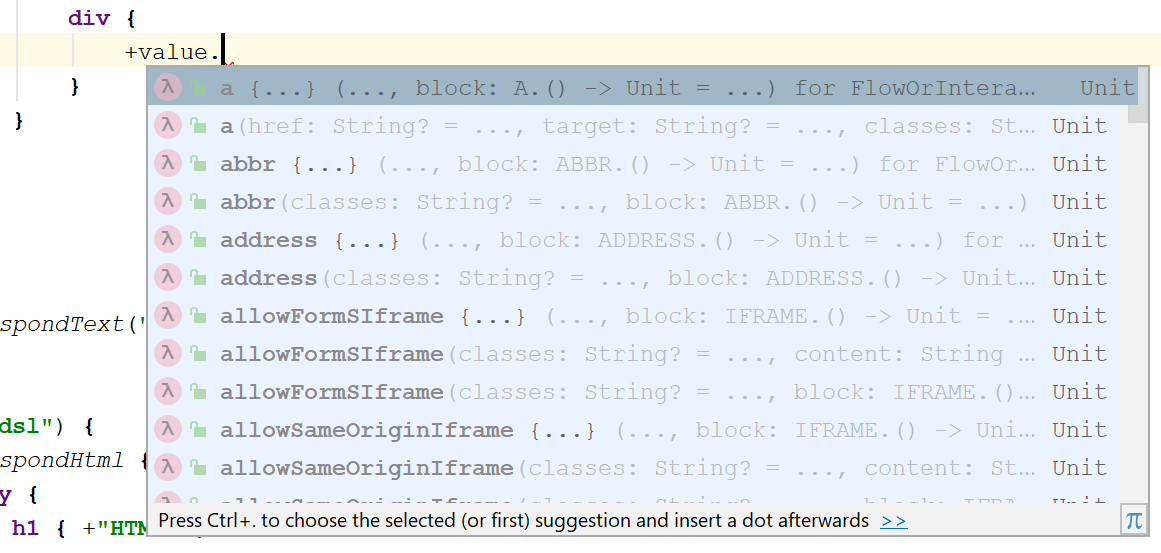 IntelliJ ktor plugin: priority of HTML elements are too high in completion (and they are not ...