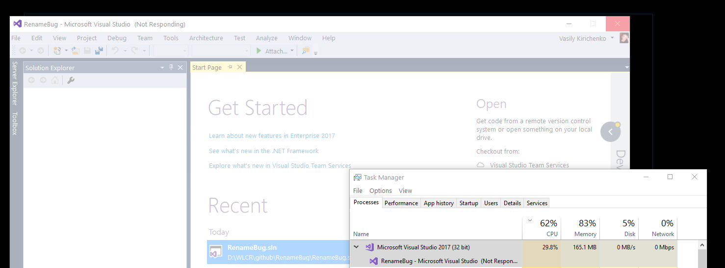 VS hangs forever on solution loading, high CPU load · Issue #3495 · dotnet/fsharp · GitHub