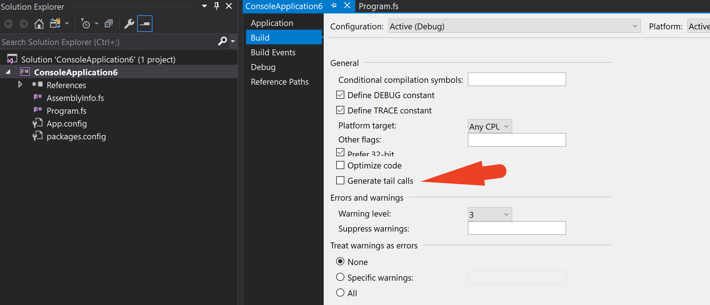 .NET Core project template has "Generate tail calls" on by default in Debug configuration ...