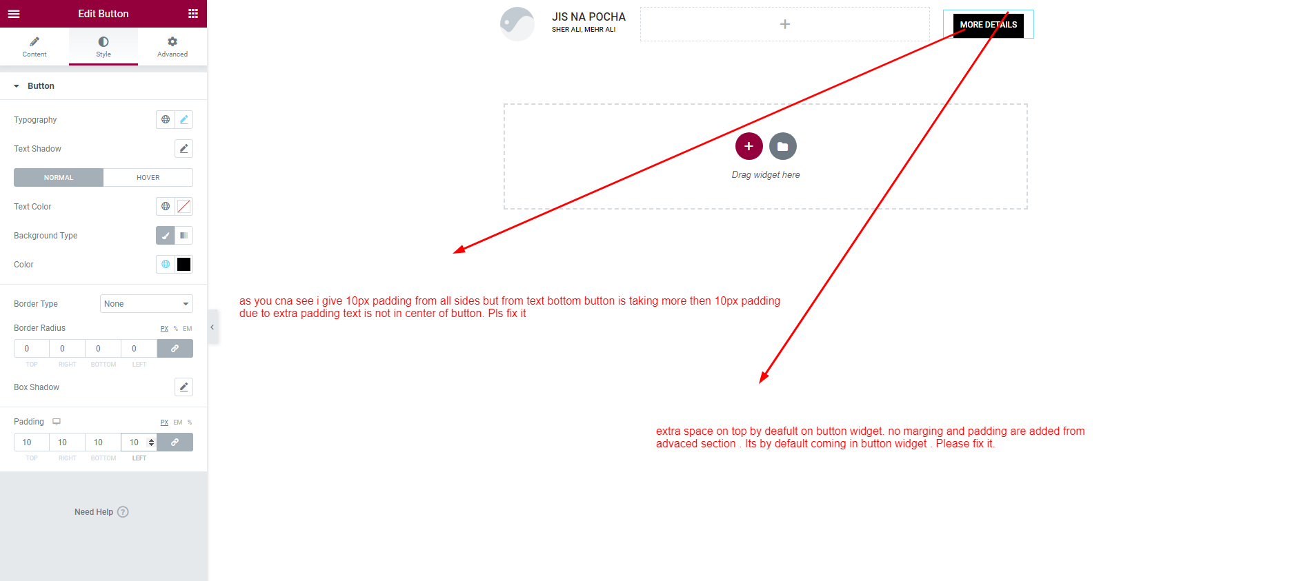 Button Widget Spacing Issue and Not auto Focusing on search field when we click on typography ...