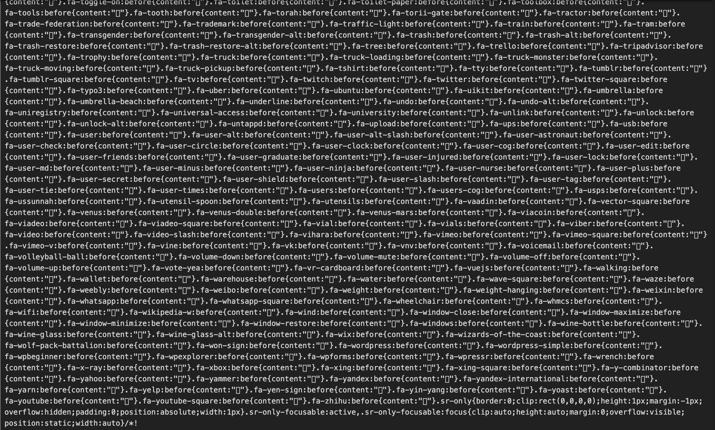 Minified debug css has a square in content field for Font Awesome's before pseudo elements ...