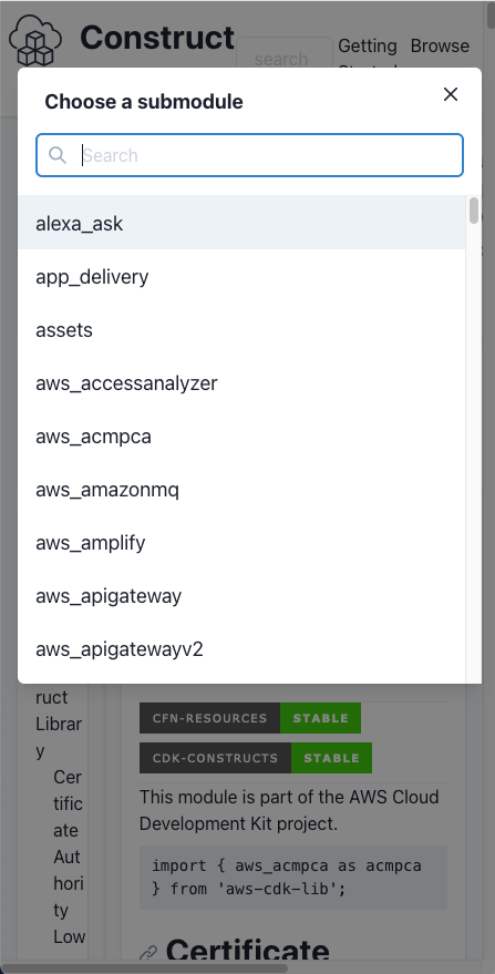 feat: choose submodule as a modal by gabewomble · Pull Request #140 · cdklabs/construct-hub ...