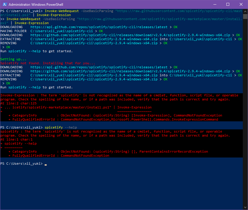 Invoke-Expression : The term 'spicetify' is not recognized as the name of a cmdlet, function ...