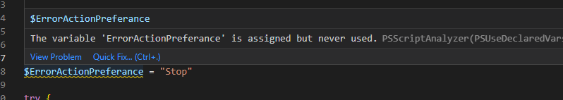 Setting Erroractionpreferance At The Beginning Of A Script Shows An Unused Variable Error