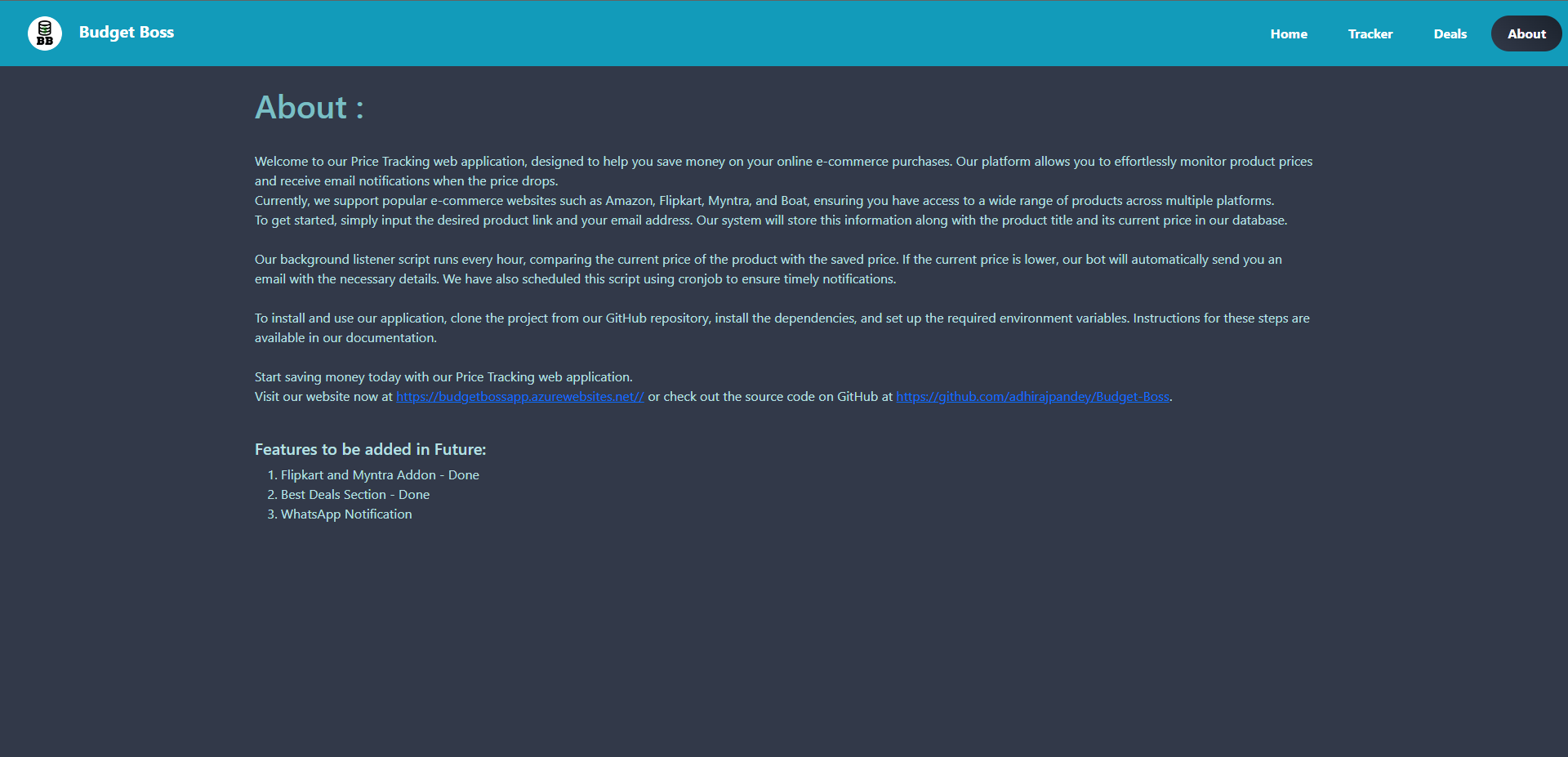 GitHub - adhirajpandey/Budget-Boss: Price Tracking Web Application which Notifies on Price Drop