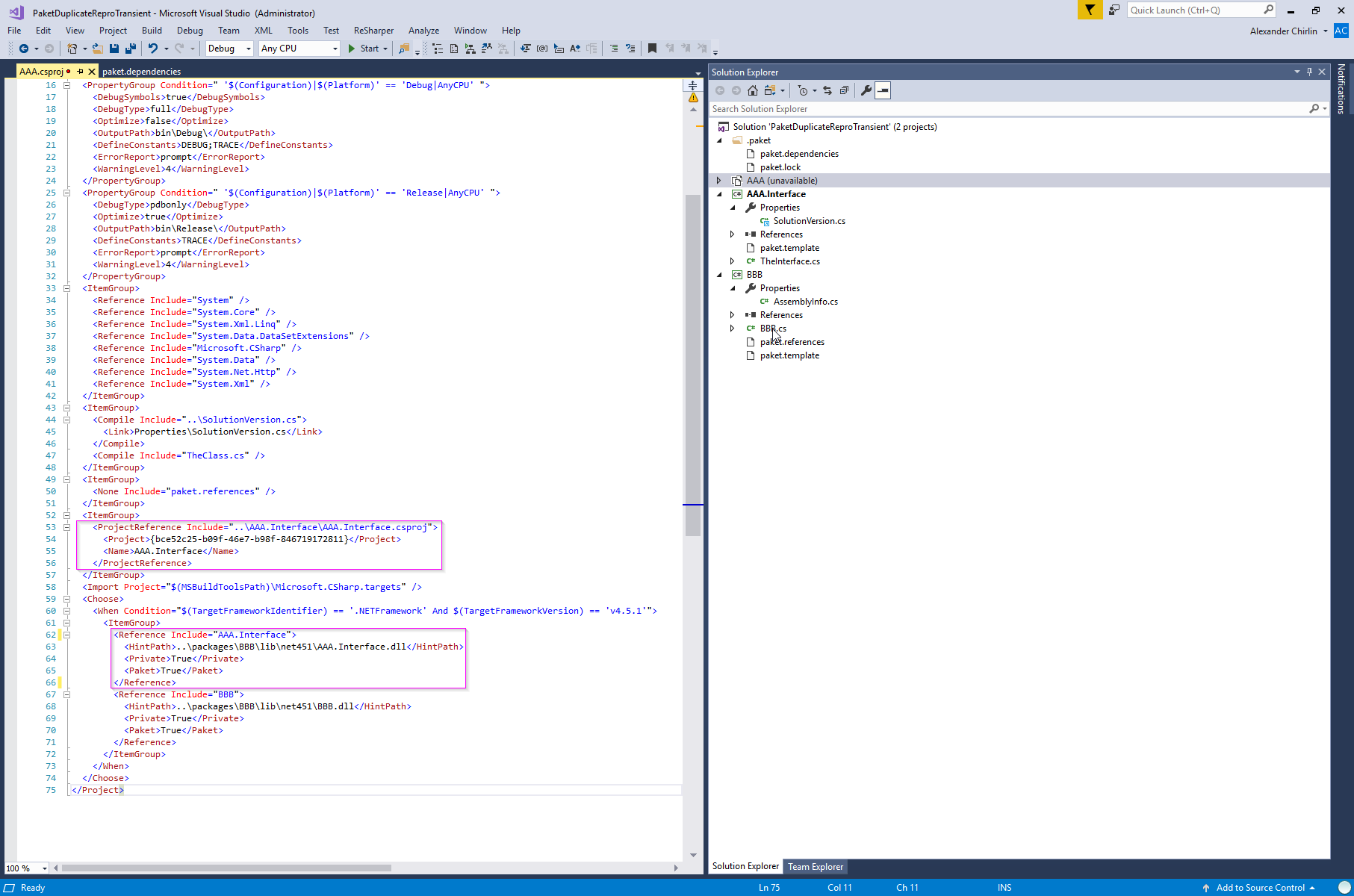 Duplicate references after install (paket reference and project reference of a same dependency ...