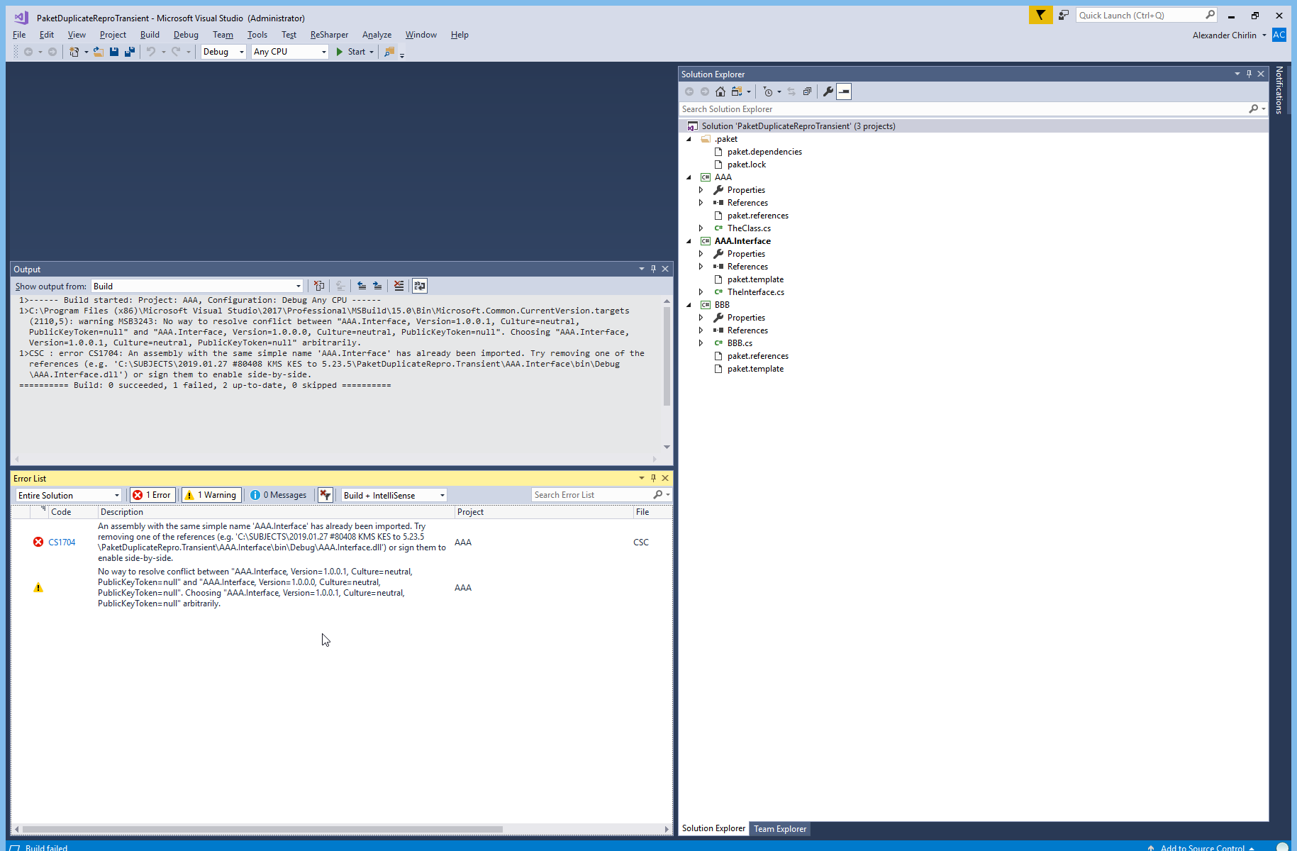 Duplicate references after install (paket reference and project reference of a same dependency ...