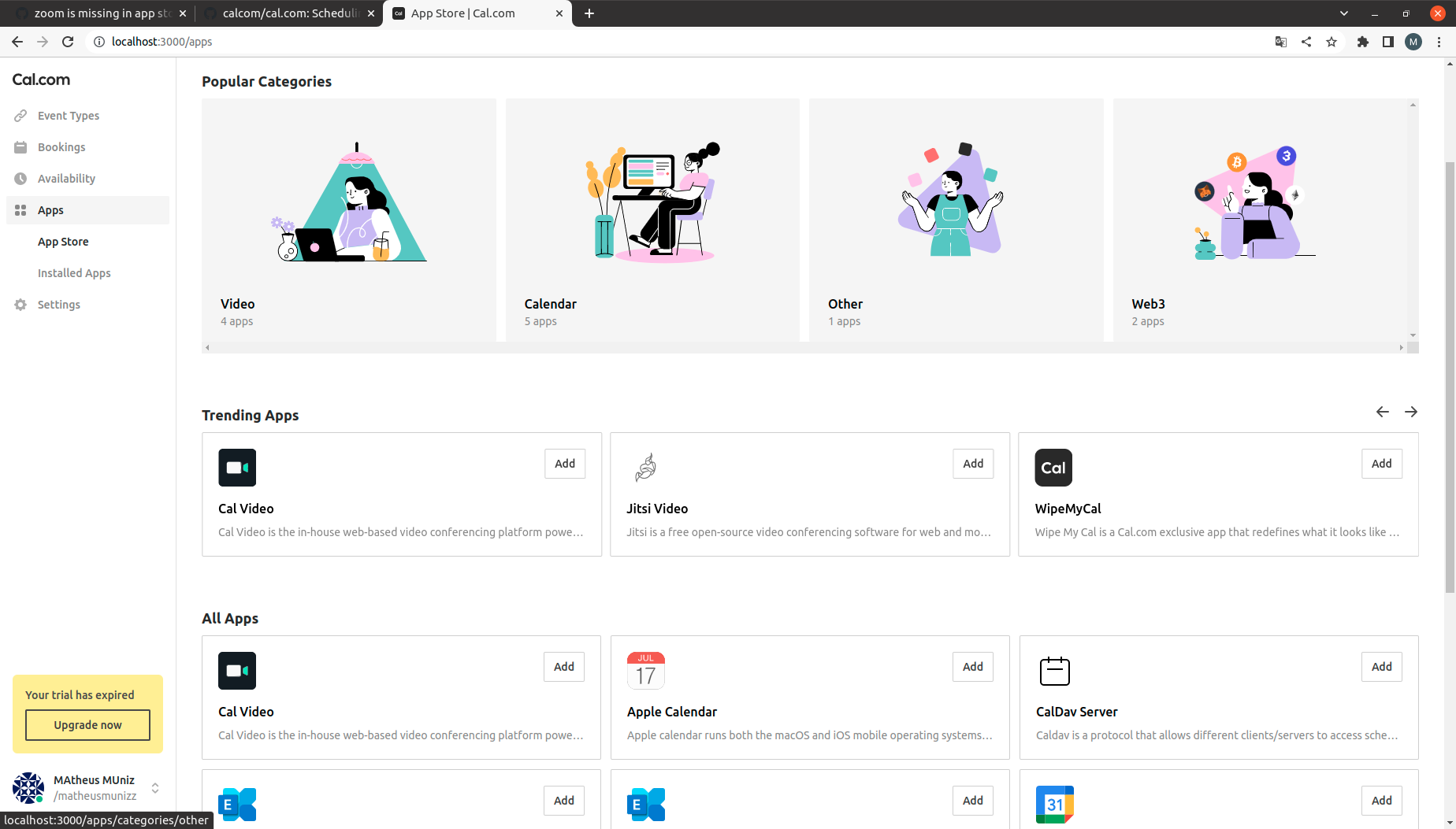 zoom is missing in app store (self hosted) · Issue #3431 · calcom/cal.com · GitHub