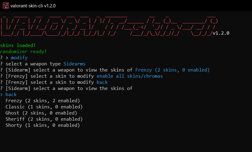 modify skin randomizer doesnt keep settings after exiting sidearm ...