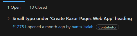 Small typo under 'Create Razor Pages Web App' heading · Issue #12751 · dotnet/AspNetCore.Docs ...