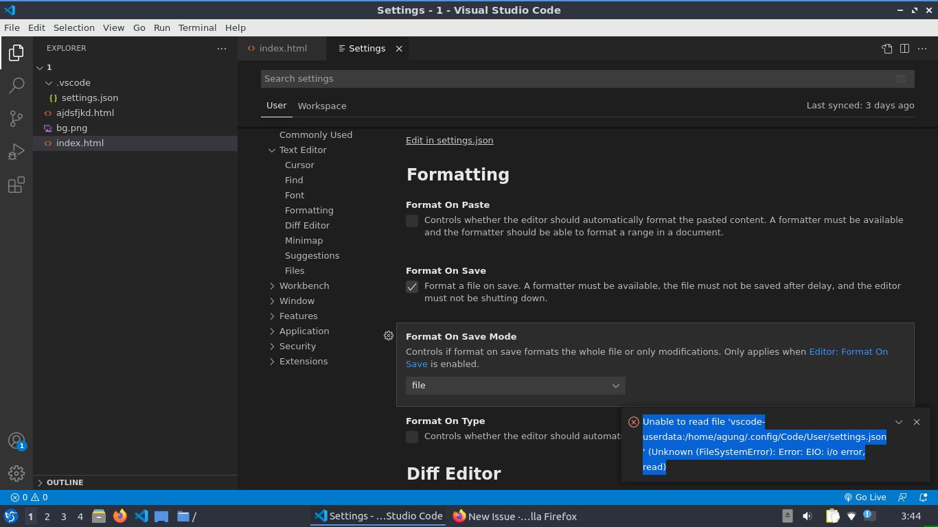 Cannot open settings.json and format on save etc can't work · Issue #130866 · microsoft/vscode ...