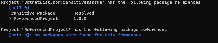 dotnet list package --format json --include-transitive includes project references as transitive ...