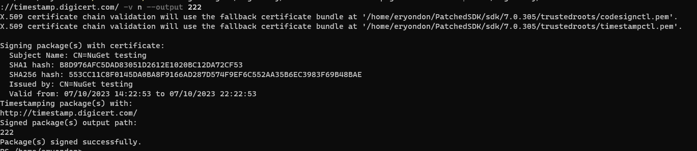[Cross-platform Dotnet NuGet Sign] The package in default output directory is signed ...