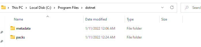 With .NET 7, installed workloads and packs were still listed in "C ...