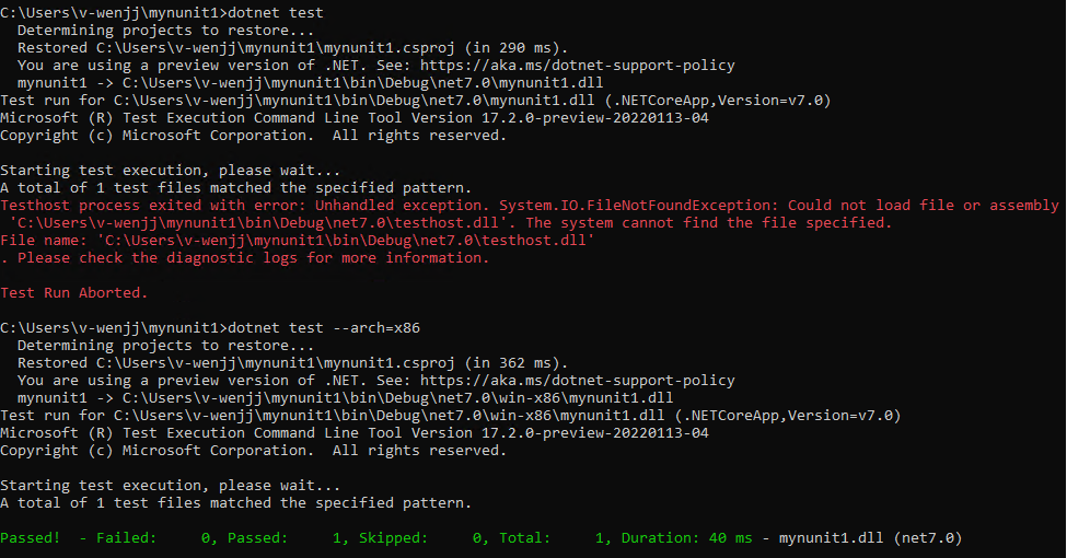 With .NET 7 x86 SDK, Testhost process exited with error: It was not ...