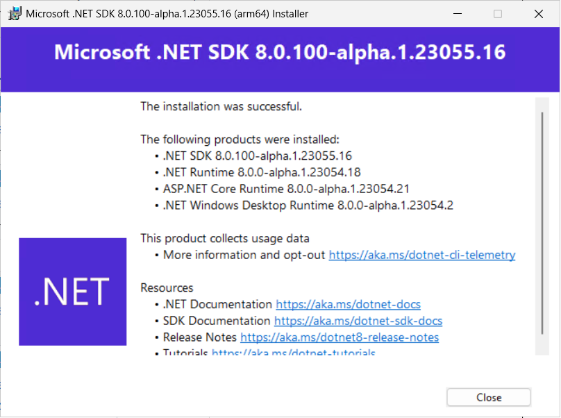 [NETE2ESDK] Info for .NET 8.0 are not updated on .NET 8 SDK installation wizard · Issue #14996 ...