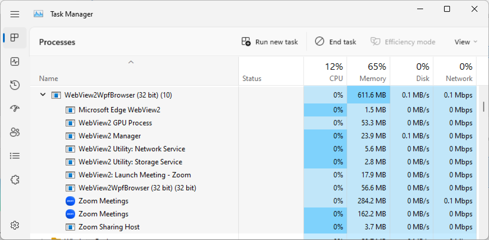 External applications started from WebView2 (like Zoom) are displayed under WebView2 icon group ...