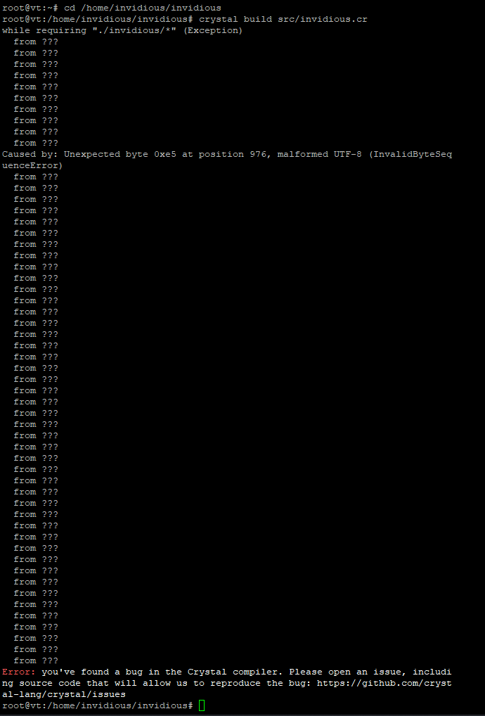 Error: you've found a bug in the Crystal compiler. · Issue #981 · iv-org/invidious · GitHub
