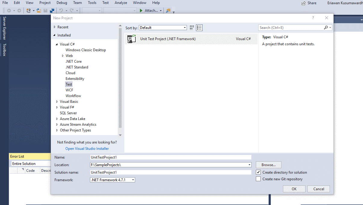 Creating Unit Test Project Using Net Framework Template Will Open Older Project Model With