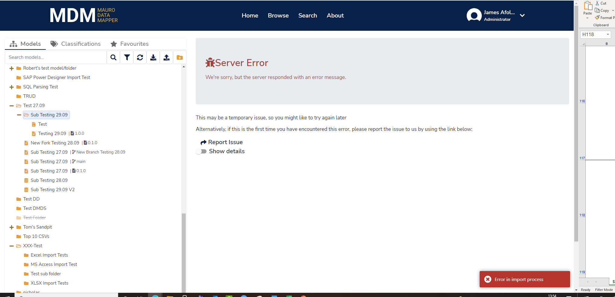 Server error page is displayed during importation of Data Model in XML ...