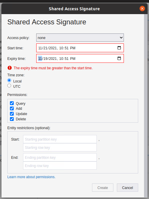 An extra scrollbar displays in the 'Shared Access Signature' dialog for tables when timestamp ...