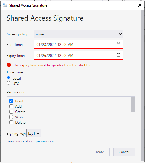 An extra scroll bar displays in the 'Shared Access Signature' dialog for one ADLS Gen2 blob ...