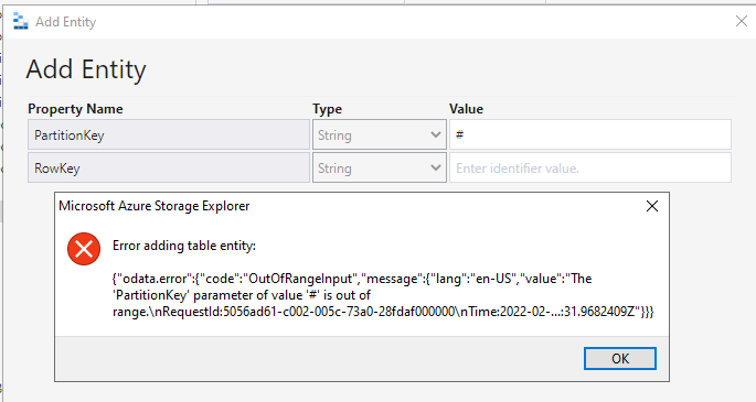 Fail to add one entity when the value of the 'PartitionKey/RowKey' property is '#' · Issue #5465 ...