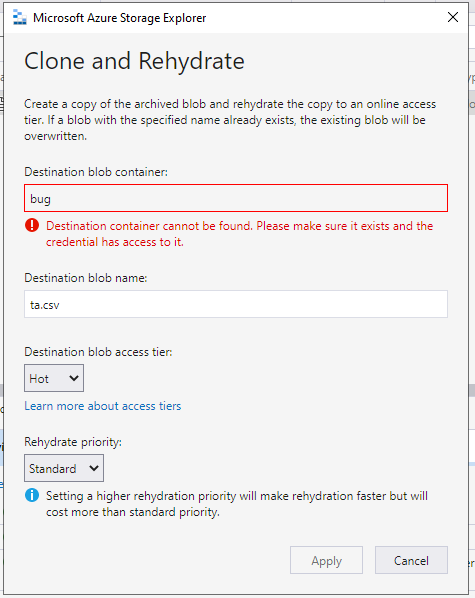 An error occurs when emptying the destination blob container name then typing the same name to ...