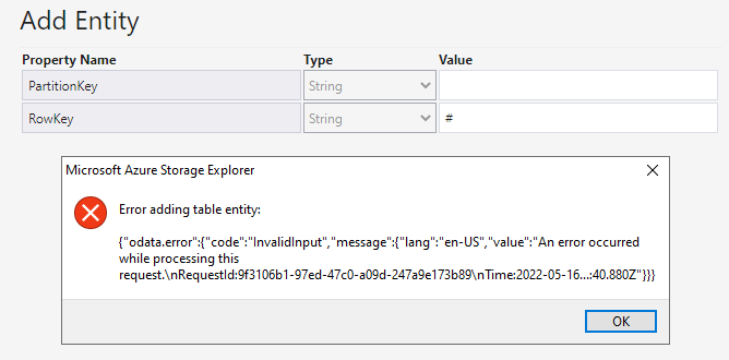 Fail to add one entity when the value of the 'PartitionKey/RowKey' property is '#' · Issue #5465 ...