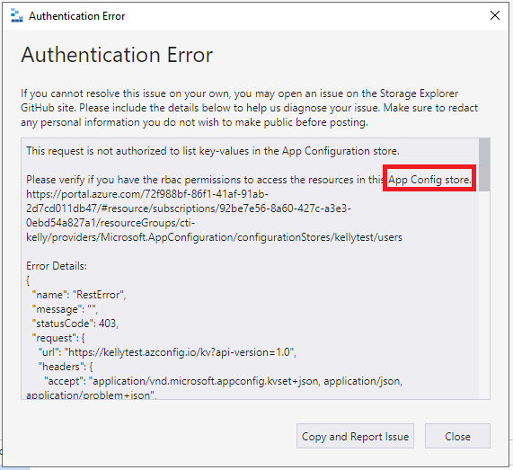 The 'App config' is mentioned in the error dialog when opening one App Configuration store ...