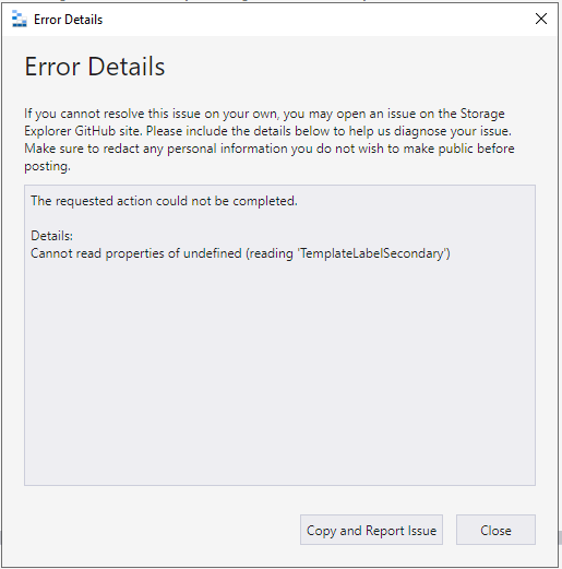 An Error Dialog Pops Up When Clicking Open Secondary Location For One Regular Blob Container 