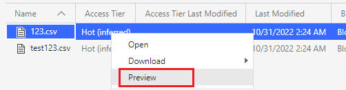 The 'Preview' action is enabled for one .csv blob if there is no '.csv ...