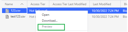 The Preview Action Is Enabled For One Csv Blob If There Is No Csv Extension In The Text