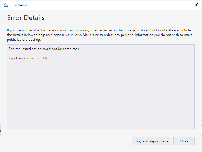 An error dialog pops up when clicking the action 'Copy Blob Container' or 'Copy File Share ...