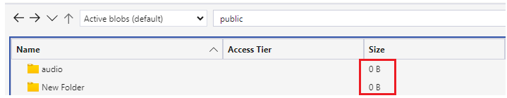 '0 B' displays for the 'Size' property against one folder in the new ADLS Gen2 blob explorer ...