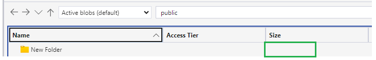 '0 B' displays for the 'Size' property against one folder in the new ADLS Gen2 blob explorer ...