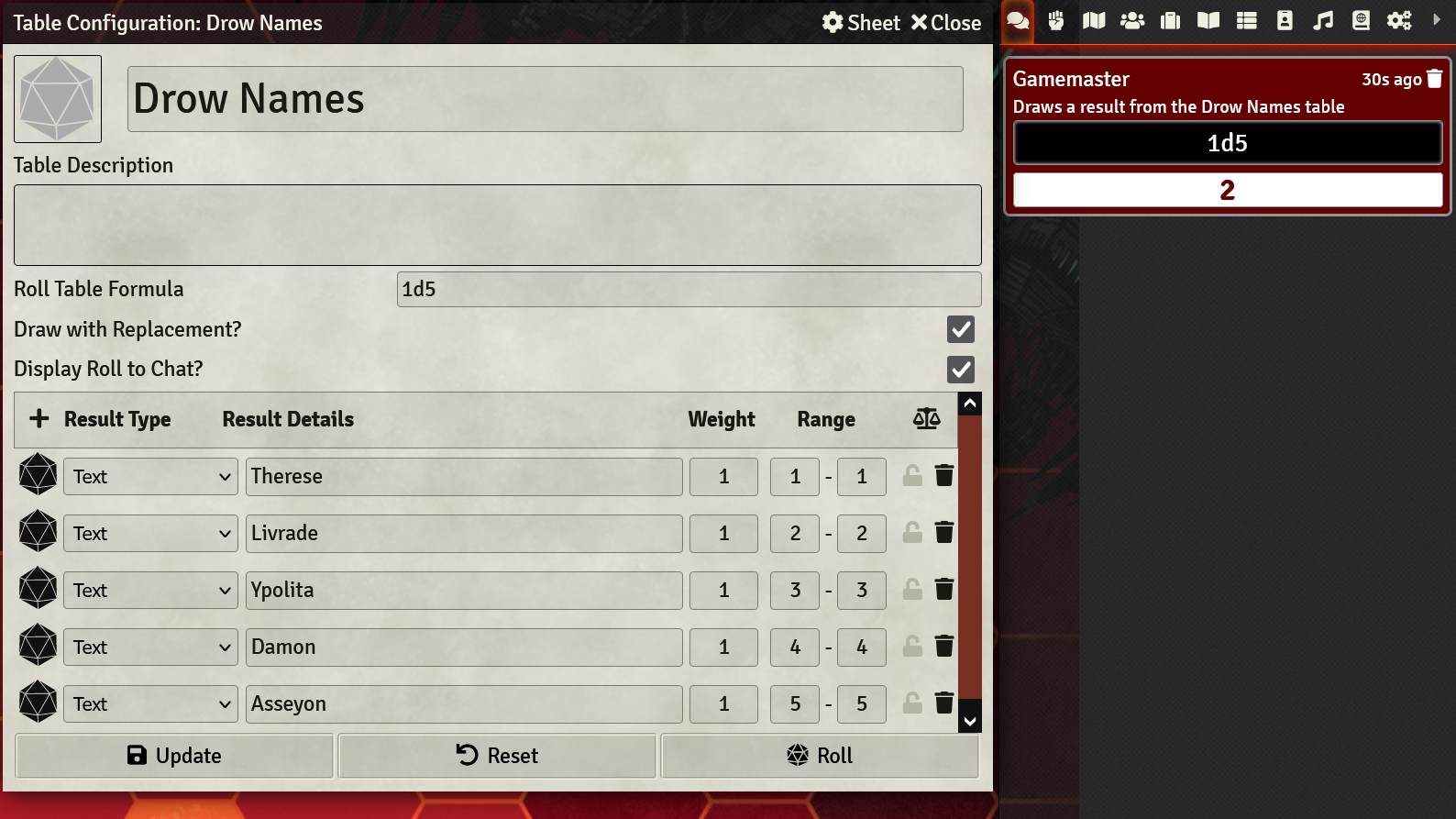 Rollable Tables only output the roll amount · Issue #9 · hitcherland/FoundryVTT-Heart · GitHub