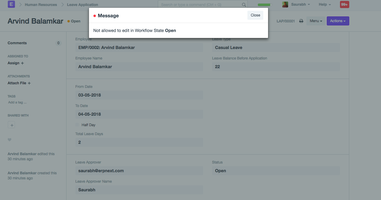 Not allowed to edit in Workflow State Open while approving Leave Application · Issue #13904 ...