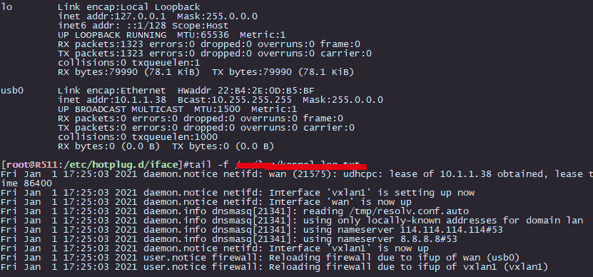 Because the wan NIC USB0goes down, the NIC generated by VXLAN goes offline. When usb0 recovers ...