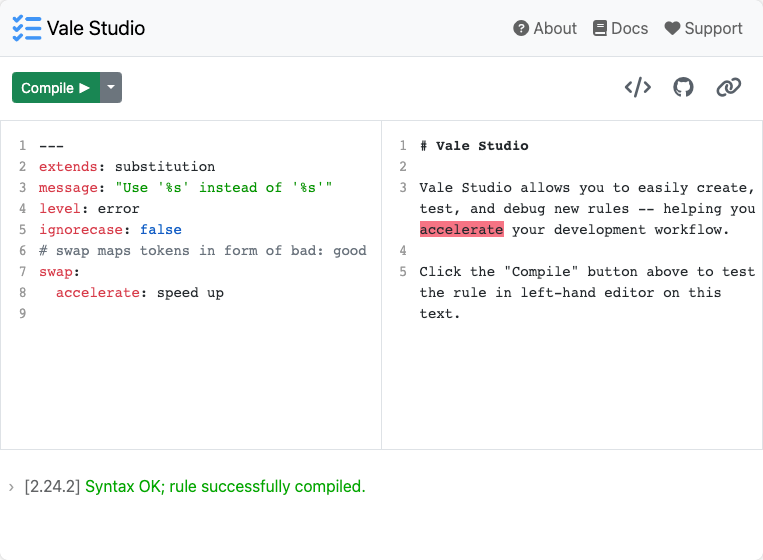 Vale Studio: Build, test, and share Vale rules.