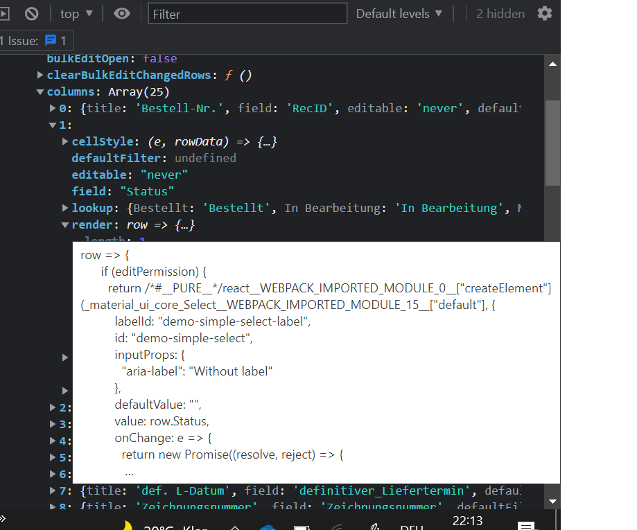 Custom Defined Render Component For Columns Dissappears When Stored And Retrieved From