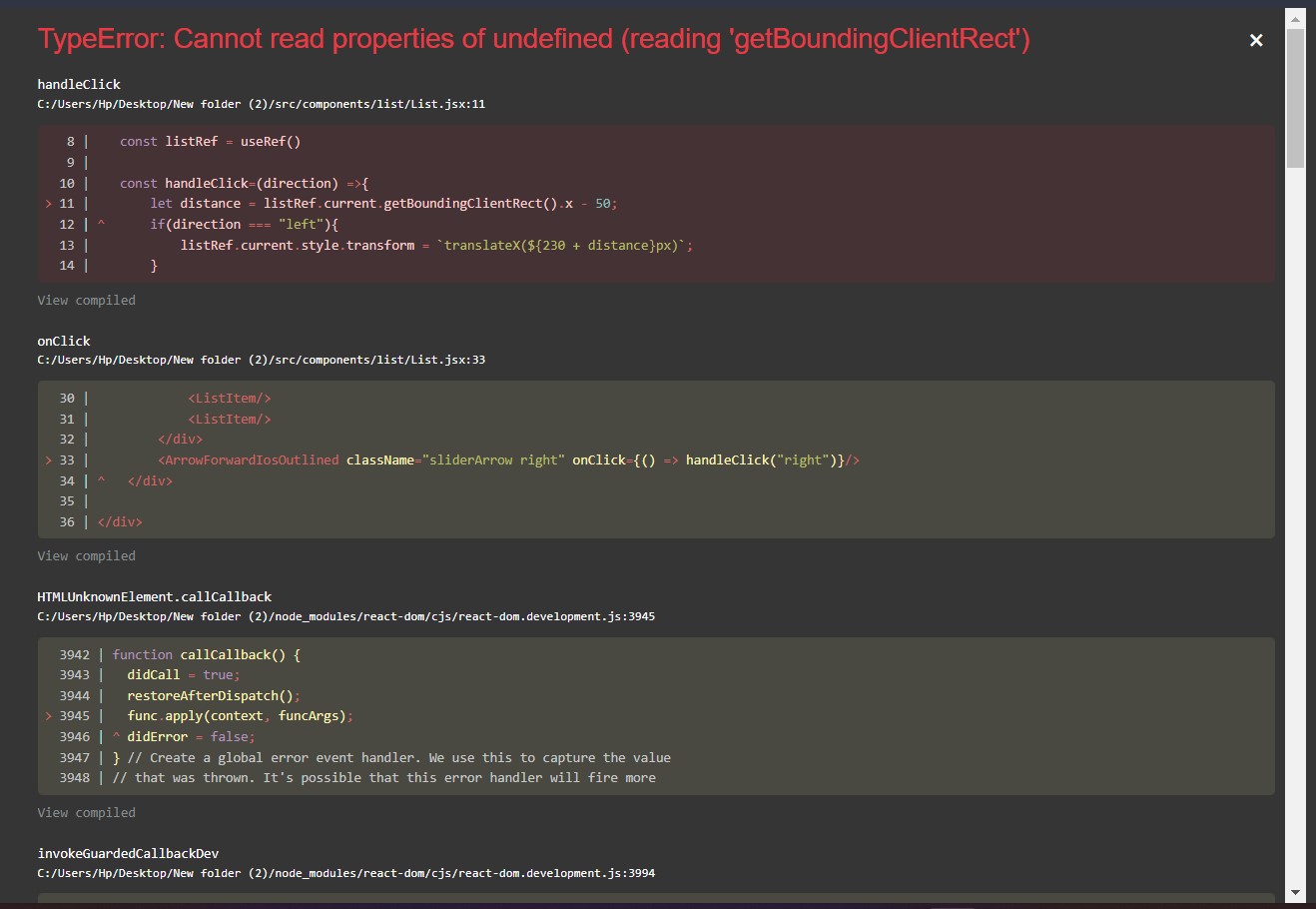 getBoundingClientRect() in list.jsx is not working it shows an error as undefined please help me ...