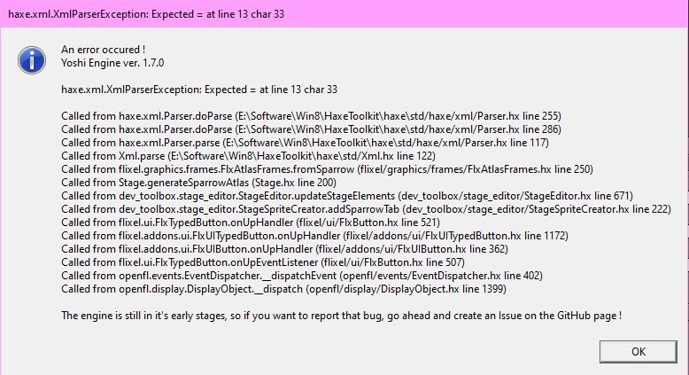 Bug Report: haxe.xml.XmlParserException · Issue #115 · CodenameCrew/YoshiCrafterEngine · GitHub
