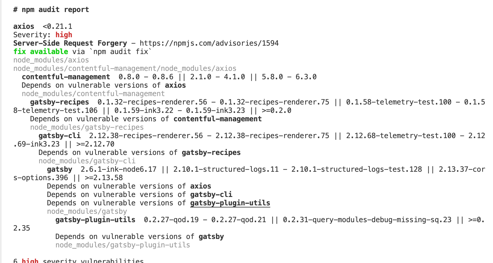 npm audit shows 2 high severity vulnerabilities · Issue #28858 · gatsbyjs/gatsby · GitHub