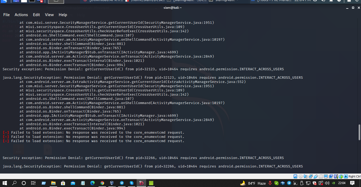 persisten script for android msfvenom payload gives error of : Security exception: Permission ...
