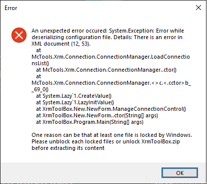 Error after creating first connection, Xml Document · Issue #956 · MscrmTools/XrmToolBox · GitHub